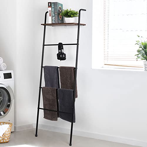 CADUKE Blanket Ladder Towel Ladder for Bathroom Blanket Ladder with Shelf Ladder Blanket Holder for Living Room Farmhouse 5-Tier Wall-Leaning Ladder Shelf Metal Quilt Rack, Black and Brown