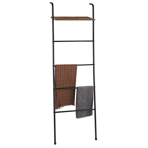 CADUKE Blanket Ladder Towel Ladder for Bathroom Blanket Ladder with Shelf Ladder Blanket Holder for Living Room Farmhouse 5-Tier Wall-Leaning Ladder Shelf Metal Quilt Rack, Black and Brown