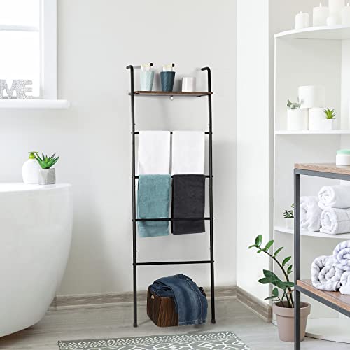 CADUKE Blanket Ladder Towel Ladder for Bathroom Blanket Ladder with Shelf Ladder Blanket Holder for Living Room Farmhouse 5-Tier Wall-Leaning Ladder Shelf Metal Quilt Rack, Black and Brown