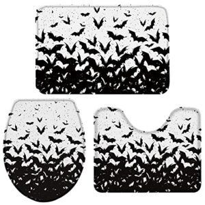 fancyine 3 pieces bath rugs sets halloween spooky flying bats soft non-slip absorbent toilet seat cover u-shaped toilet mat for bathroom decor black white