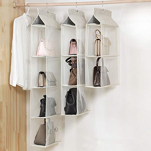 iEventStar 3 Grids Pockets Hanging Bag Handbag Purse Storage Organizer Holder for Wardrobe Closet Hanging Shelves (Beige, 3 Grids)