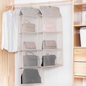 iEventStar 3 Grids Pockets Hanging Bag Handbag Purse Storage Organizer Holder for Wardrobe Closet Hanging Shelves (Beige, 3 Grids)