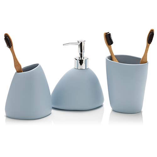 Zuvo Ceramic Counter Top Bathroom Accessory Set Includes Soap Dispenser,Toothbrush Holder,Tumbler,Soap Dish (Pebble Blue)