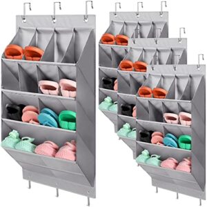 woanger 4 pack over the door shoe organizer, hanging shoe organizer with 12 hooks, large deep pockets shoe storage rack organizer, door shoe rack for closet dorm narrow door wall shoe storage (gray)