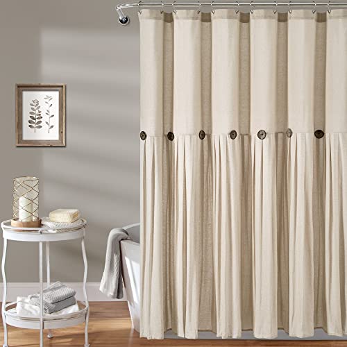 Lush Decor Linen Button Farmhouse Shower Curtain Pleated Two Tone Design for Bathroom, 72" x 72", Dark Linen