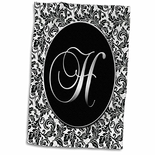 3D Rose Letter H - Black and White Damask TWL_38757_1 Towel, 15" x 22"