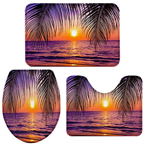 Bathroom Rugs, Memory Foam Bath Mat Bathroom Set, Beach Seascape Ocean Themed Coconut Palm Tree Summer Beach Hawaii 3 Pieces Bath Rugs Bathroom Accessories, Home Decor Non-Slip Shower Mat for Tub