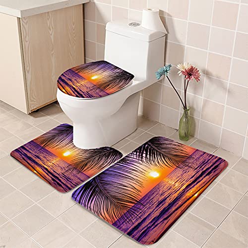 Bathroom Rugs, Memory Foam Bath Mat Bathroom Set, Beach Seascape Ocean Themed Coconut Palm Tree Summer Beach Hawaii 3 Pieces Bath Rugs Bathroom Accessories, Home Decor Non-Slip Shower Mat for Tub