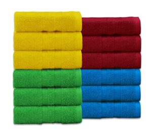 cotton craft primary colors washcloth - set of 12 soft absorbent 100% cotton facecloth - bright colorful dorm kids baby wash cloth - everyday pool shower kitchen bathroom towel - 12 x 12 - multi color