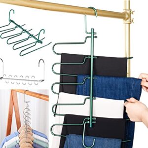 Pack of 2 Pants Hangers, 5 Layers Space Saving Jeans Hangers Detachable Clothes Trousers Hangers for Slacks Scarf Jeans + 2 Space Saving Magic Hangers - Closet Wardrobe Clothes Organizers