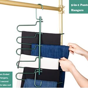 Pack of 2 Pants Hangers, 5 Layers Space Saving Jeans Hangers Detachable Clothes Trousers Hangers for Slacks Scarf Jeans + 2 Space Saving Magic Hangers - Closet Wardrobe Clothes Organizers