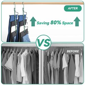 Pack of 2 Pants Hangers, 5 Layers Space Saving Jeans Hangers Detachable Clothes Trousers Hangers for Slacks Scarf Jeans + 2 Space Saving Magic Hangers - Closet Wardrobe Clothes Organizers