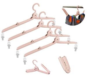 fineget foldable travel clothes hangers with clips portable plastic clothing coat carry-on hangers saving space hangers light weight drying rack for travel pink (4 pcs + 8 clips)