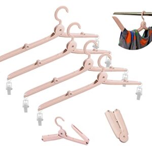 Fineget Foldable Travel Clothes Hangers with Clips Portable Plastic Clothing Coat Carry-on Hangers Saving Space Hangers Light Weight Drying Rack for Travel Pink (4 Pcs + 8 Clips)