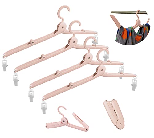 Fineget Foldable Travel Clothes Hangers with Clips Portable Plastic Clothing Coat Carry-on Hangers Saving Space Hangers Light Weight Drying Rack for Travel Pink (4 Pcs + 8 Clips)