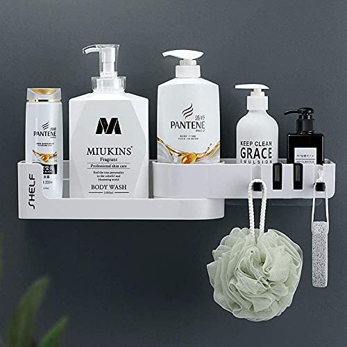 SUNFICON Expandable Bathroom Storage Shelf Adhesive Shower Caddy with Hooks Wall Mounted Kitchen Spice Rack Organizer No Drilling Shower Shampoo Holder 4 Clear Adhesive Stickers Affordable Gift White