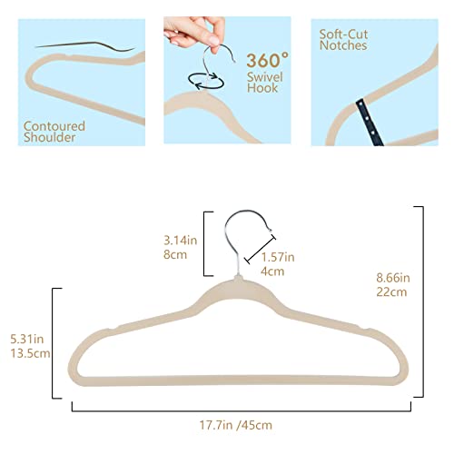 ATZJOY Nonslip Velvet Hangers -Suit Hangers Ultrathin Space-Saving 360° Swivel Hook Strong and Durable Clothes Hangers Hold Up-to 10 lb, for Coats, Jackets, Pants, & Dress Clothes (50 Pack, Ivory)