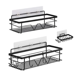 shower caddy basket, adhesive shower shelves with 3 hooks/1 soap holder, no drilling bathroom storage organizer rack stainless steel black shower self for inside shower, kitchen, restroom, toilet