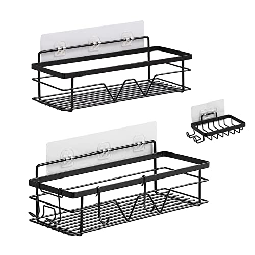 Shower Caddy Basket, Adhesive Shower Shelves with 3 Hooks/1 Soap Holder, No Drilling Bathroom Storage Organizer Rack Stainless Steel Black Shower Self for Inside Shower, Kitchen, Restroom, Toilet