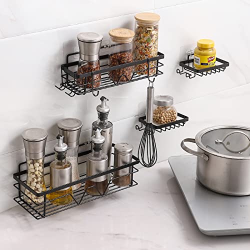 Shower Caddy Basket, Adhesive Shower Shelves with 3 Hooks/1 Soap Holder, No Drilling Bathroom Storage Organizer Rack Stainless Steel Black Shower Self for Inside Shower, Kitchen, Restroom, Toilet