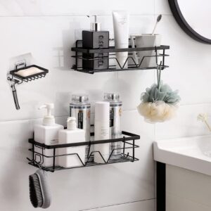 Shower Caddy Basket, Adhesive Shower Shelves with 3 Hooks/1 Soap Holder, No Drilling Bathroom Storage Organizer Rack Stainless Steel Black Shower Self for Inside Shower, Kitchen, Restroom, Toilet