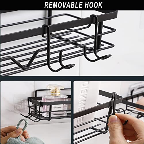 Shower Caddy Basket, Adhesive Shower Shelves with 3 Hooks/1 Soap Holder, No Drilling Bathroom Storage Organizer Rack Stainless Steel Black Shower Self for Inside Shower, Kitchen, Restroom, Toilet