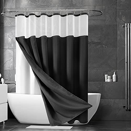 Black Shower Curtain with Snap in Liner Set, Polyester Shower Curtains for Bathroom,Waterproof Shower Curtain with 12 Hooks, Machine Washable, Heavyweight Fabric & Mesh Top Window 72 X 72 Inches