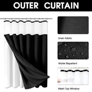 Black Shower Curtain with Snap in Liner Set, Polyester Shower Curtains for Bathroom,Waterproof Shower Curtain with 12 Hooks, Machine Washable, Heavyweight Fabric & Mesh Top Window 72 X 72 Inches