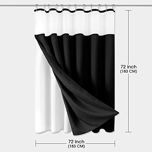 Black Shower Curtain with Snap in Liner Set, Polyester Shower Curtains for Bathroom,Waterproof Shower Curtain with 12 Hooks, Machine Washable, Heavyweight Fabric & Mesh Top Window 72 X 72 Inches