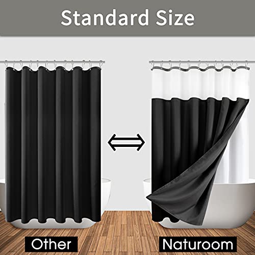 Black Shower Curtain with Snap in Liner Set, Polyester Shower Curtains for Bathroom,Waterproof Shower Curtain with 12 Hooks, Machine Washable, Heavyweight Fabric & Mesh Top Window 72 X 72 Inches