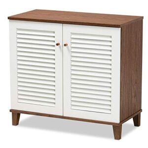 baxton studio coolidge modern and contemporary white and walnut finished 4-shelf wood shoe storage cabinet