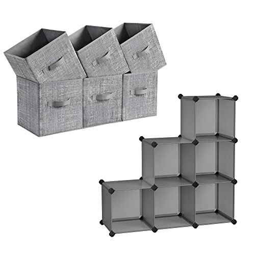 SONGMICS Cube Storage Organizer and Fabric Storage Bins Bundle, Closet Organization and Storage, Foldable Cube Baskets and Shelving, Gray ULPC06G and UROB26LG