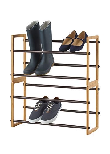 TRINITY BASICS 2-Tier Expandable Shoe Organizer with Bamboo Frame, Stackable Shoe Rack for Closet, Stores up to 16 Pairs of Shoes, Dark Bronze Finish, Expands from 24” to 44”, 2-Pack