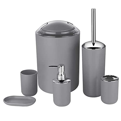 #h99E5R 6 Piece Bathroom Accessory Set with Soap Dispenser Pump Toothbrush Holder Toilet Brush Trash Cantumbler and Soap Dish