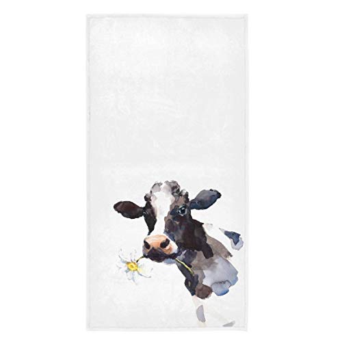 Naanle Farm Cow with Chrysanthemum Flower Soft Highly Absorbent Guest Large Home Decorative Hand Towel Multipurpose for Bathroom, Hotel, Gym and Spa (16 x 30 Inches,White)