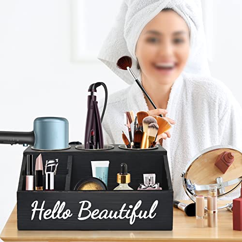 Wooden Black Hair Tools Organizer, Rustic Hair Dryer Holder, Bathroom Supplies Countertop Storage Stand and Vanity Caddy for Blow Dryer Curling Iron Hair Straightener Brushes Hair Styling Accessories