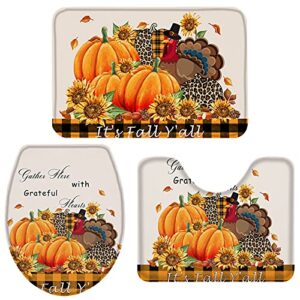 3 pieces bath rugs sets farm fall harvest soft non-slip absorbent toilet seat cover u-shaped toilet mat for bathroom decor thanksgiving turkey pumpkins