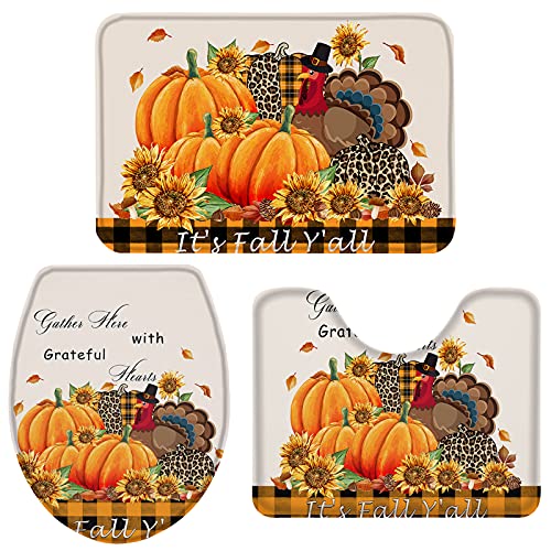 3 Pieces Bath Rugs Sets Farm Fall Harvest Soft Non-Slip Absorbent Toilet Seat Cover U-Shaped Toilet Mat for Bathroom Decor Thanksgiving Turkey Pumpkins