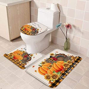 3 Pieces Bath Rugs Sets Farm Fall Harvest Soft Non-Slip Absorbent Toilet Seat Cover U-Shaped Toilet Mat for Bathroom Decor Thanksgiving Turkey Pumpkins