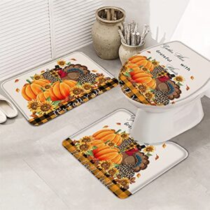 3 Pieces Bath Rugs Sets Farm Fall Harvest Soft Non-Slip Absorbent Toilet Seat Cover U-Shaped Toilet Mat for Bathroom Decor Thanksgiving Turkey Pumpkins