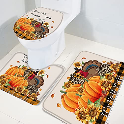 3 Pieces Bath Rugs Sets Farm Fall Harvest Soft Non-Slip Absorbent Toilet Seat Cover U-Shaped Toilet Mat for Bathroom Decor Thanksgiving Turkey Pumpkins