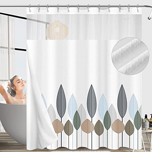 Shower Curtain Set with Snap-in Fabric Liner, Heavyweight Waffle Weave Bathroom Shower Curtains Hotel Style with See Through Top Window, 12 Metal Hooks, Waterproof & Machine Washable(72"x72", Leaf)