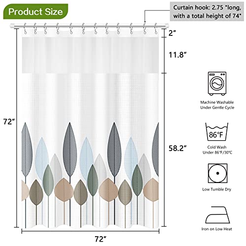 Shower Curtain Set with Snap-in Fabric Liner, Heavyweight Waffle Weave Bathroom Shower Curtains Hotel Style with See Through Top Window, 12 Metal Hooks, Waterproof & Machine Washable(72"x72", Leaf)