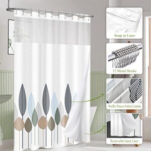 Shower Curtain Set with Snap-in Fabric Liner, Heavyweight Waffle Weave Bathroom Shower Curtains Hotel Style with See Through Top Window, 12 Metal Hooks, Waterproof & Machine Washable(72"x72", Leaf)