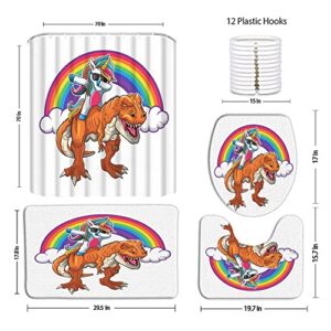 4 Pcs Set Shower Curtain for Bathroom Funny Unicorn Riding Dinosaur and Rainbow Boys Fabric Shower Curtains Fantasy Galaxy Space Cute Cool Dino Raptor Toilet Lid Cover and Bath Mat Bathroom Decor