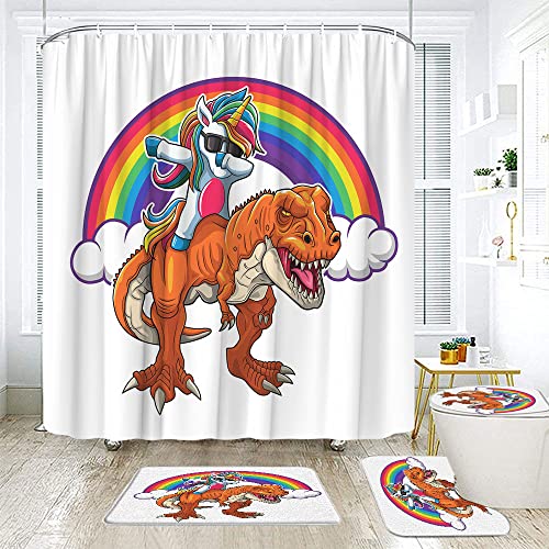 4 Pcs Set Shower Curtain for Bathroom Funny Unicorn Riding Dinosaur and Rainbow Boys Fabric Shower Curtains Fantasy Galaxy Space Cute Cool Dino Raptor Toilet Lid Cover and Bath Mat Bathroom Decor