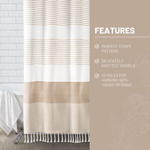 Awellife Boho Beige Shower Curtain for Bathroom Stripe Knotted-Tassel Shower Curtain 72 X 72 Inches Natural Linen