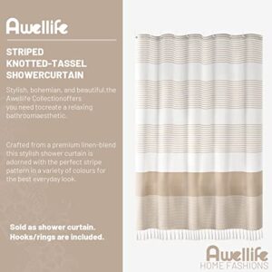 Awellife Boho Beige Shower Curtain for Bathroom Stripe Knotted-Tassel Shower Curtain 72 X 72 Inches Natural Linen