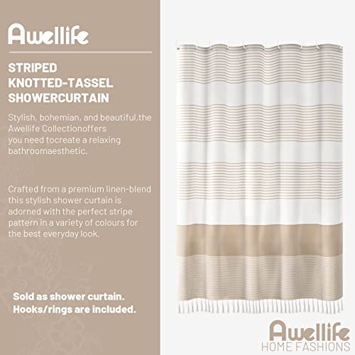 Awellife Boho Beige Shower Curtain for Bathroom Stripe Knotted-Tassel Shower Curtain 72 X 72 Inches Natural Linen