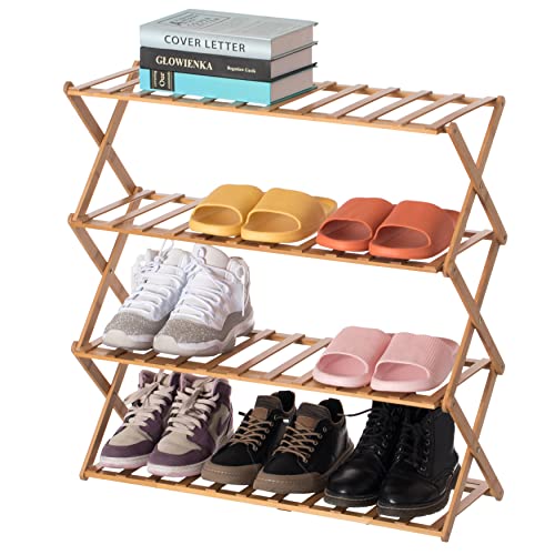 Basicwise Bamboo Foldable Shoe Rack, Free Standing Shoe Organizer Storage Rack (4 Tier), Natural (QI004329.4)